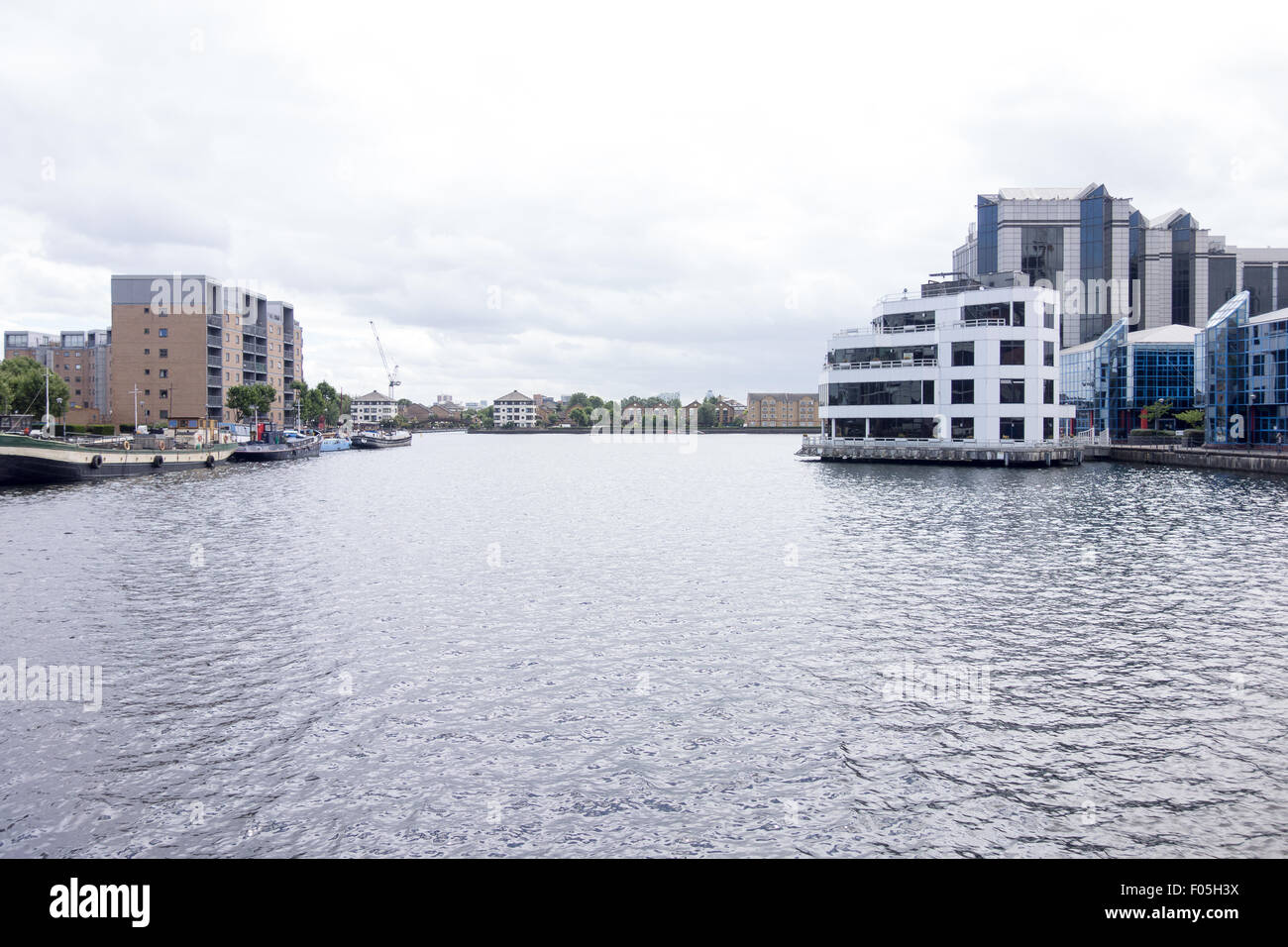 A view of the Millwall Outer Dock near Canary Wharf in East London ...
