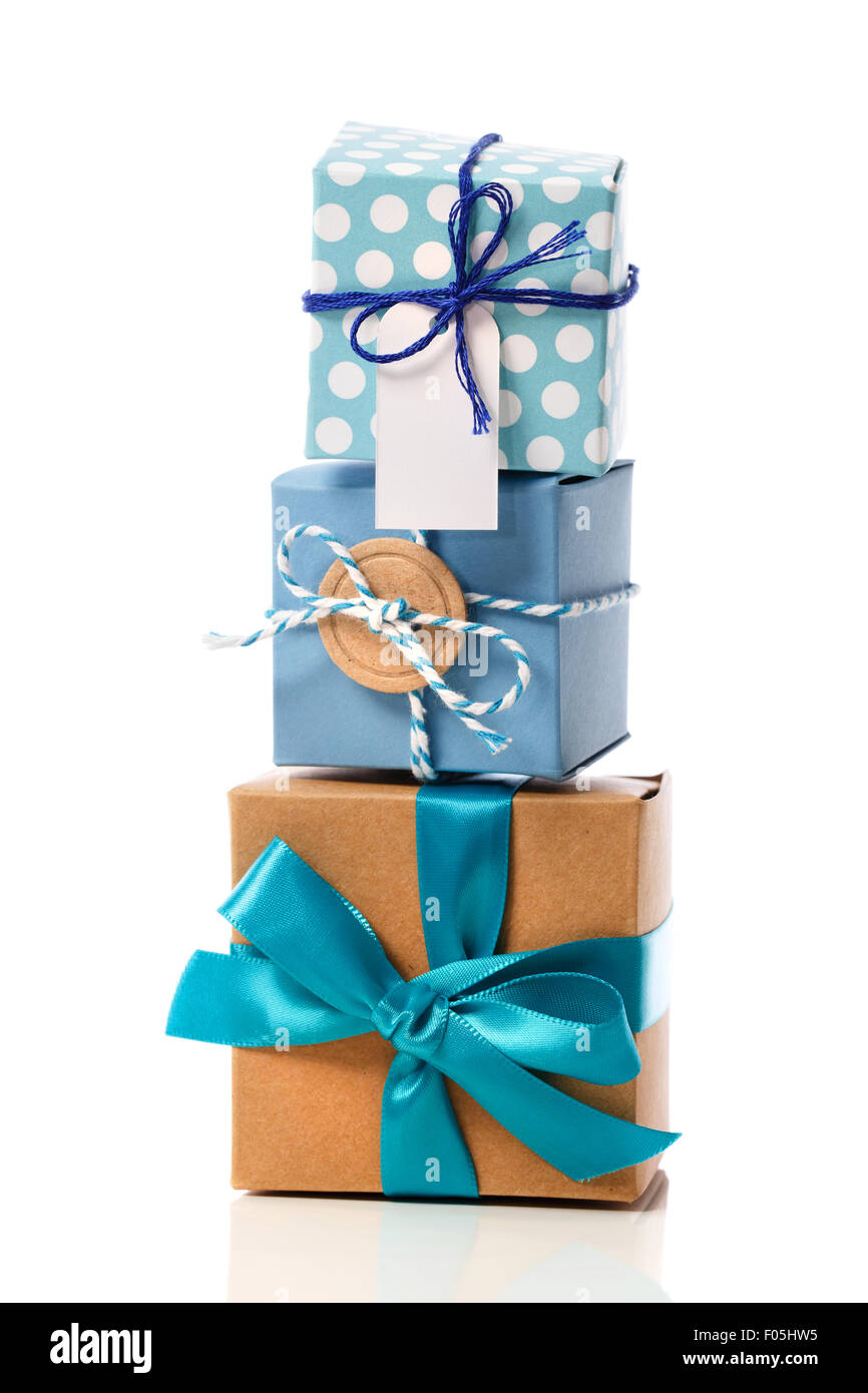 Stack of handcraft blue colored gift boxes on white background Stock ...