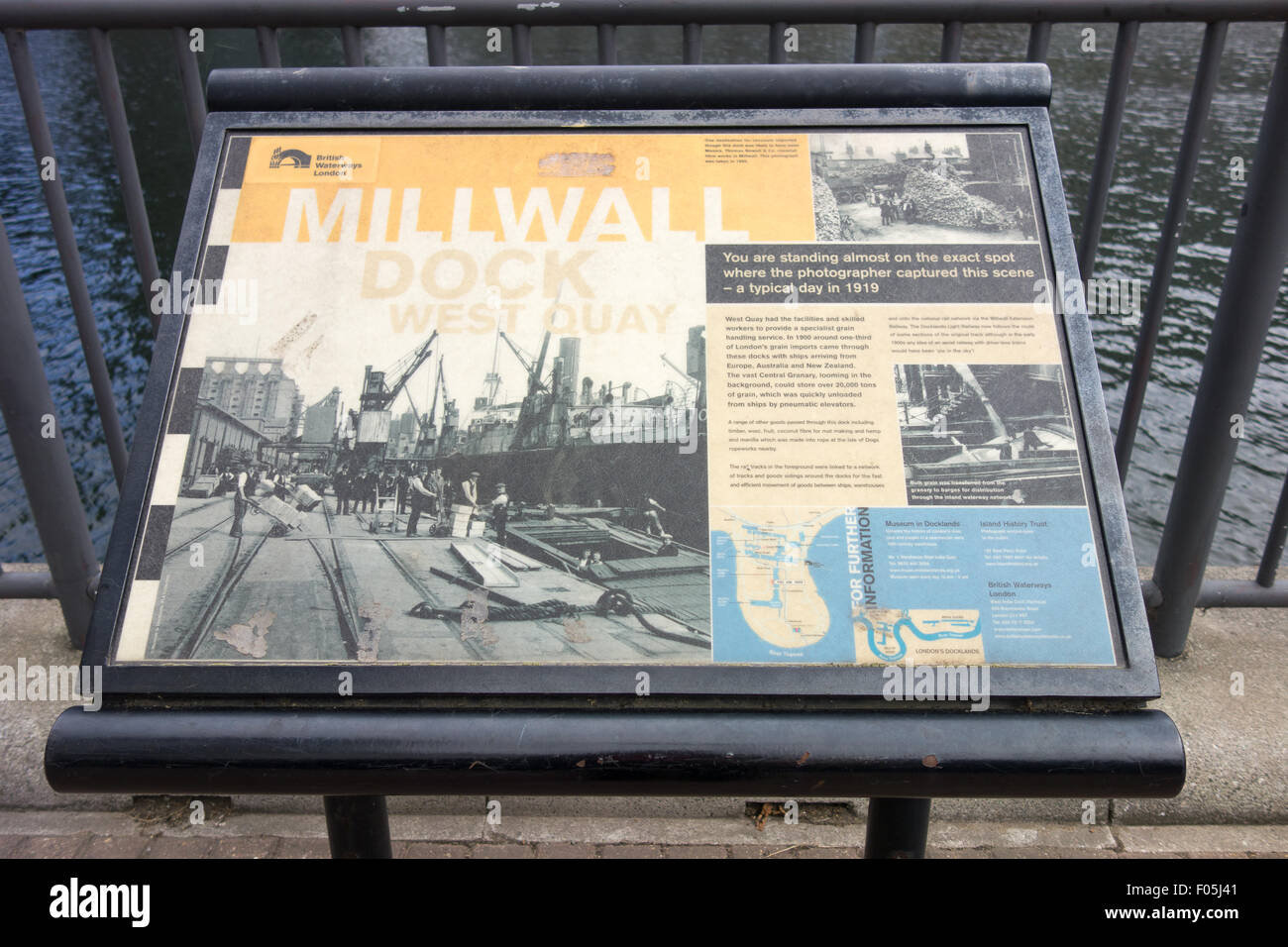 An education sign board that introduces the history of Millwall Dock is ...