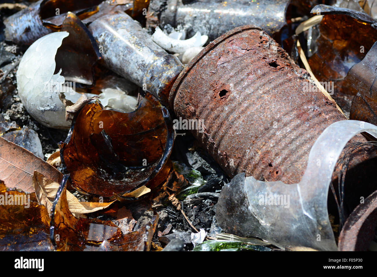 Macro shot of a pile of broken glass and debris that has been burned in ...