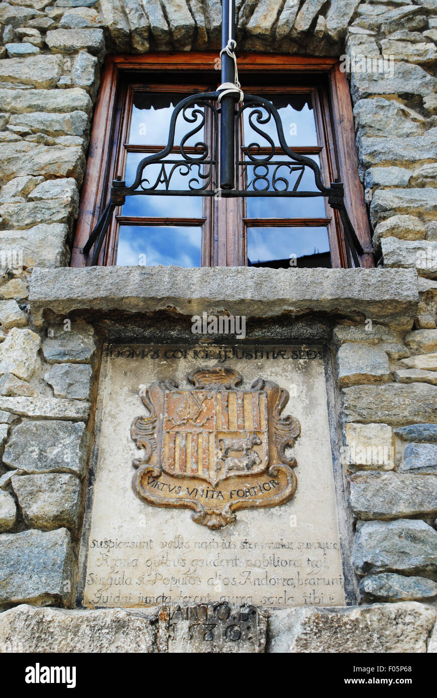 Andorra's coat of arms on the brick wall of the General Council of ...