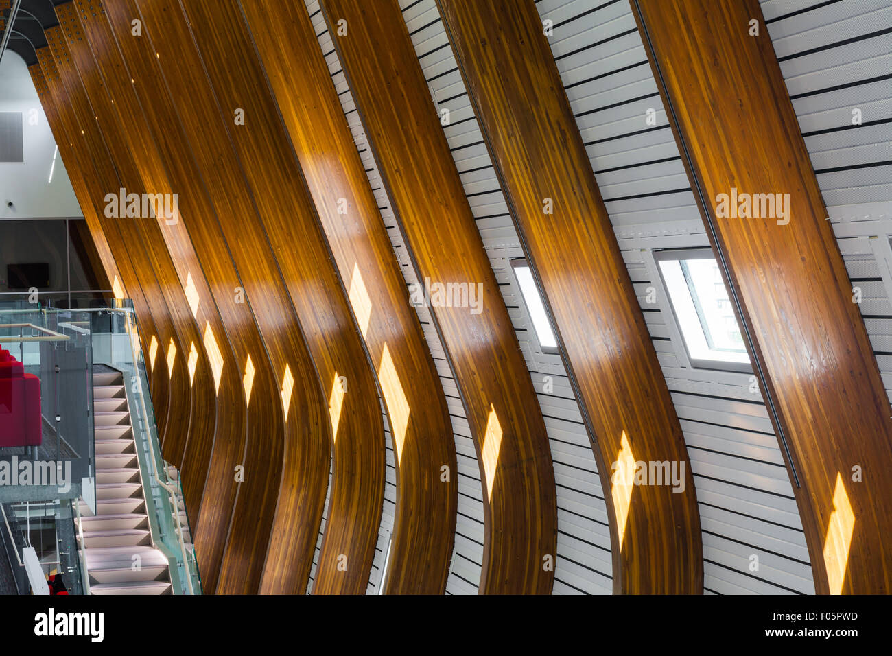 Laminated wooden beams defining the shape of an outer wall of The Nest ...