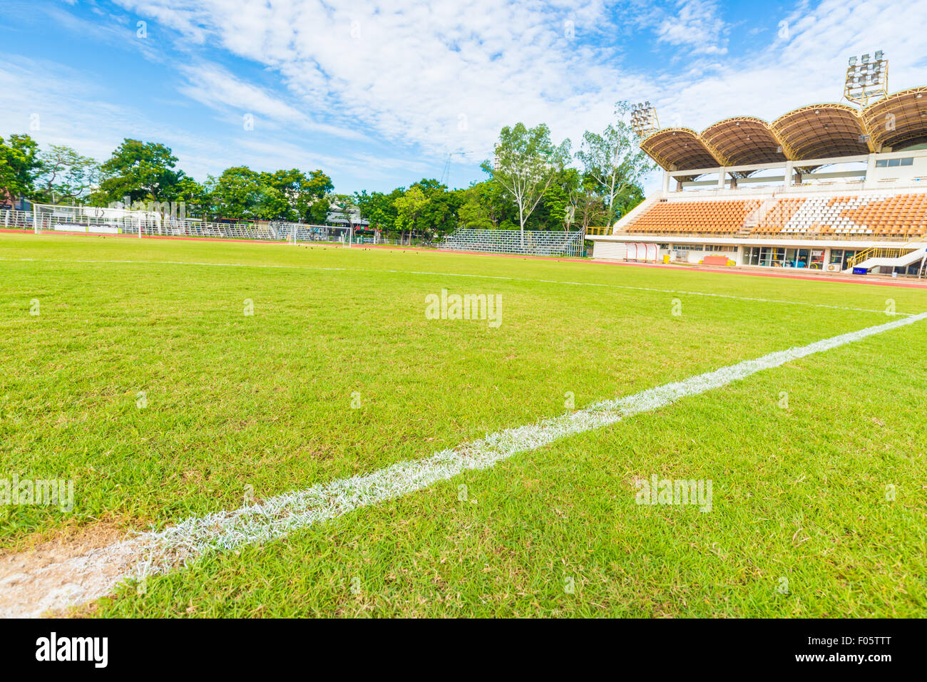 Football field with green grass at sunny day morning blue sky Stock ...