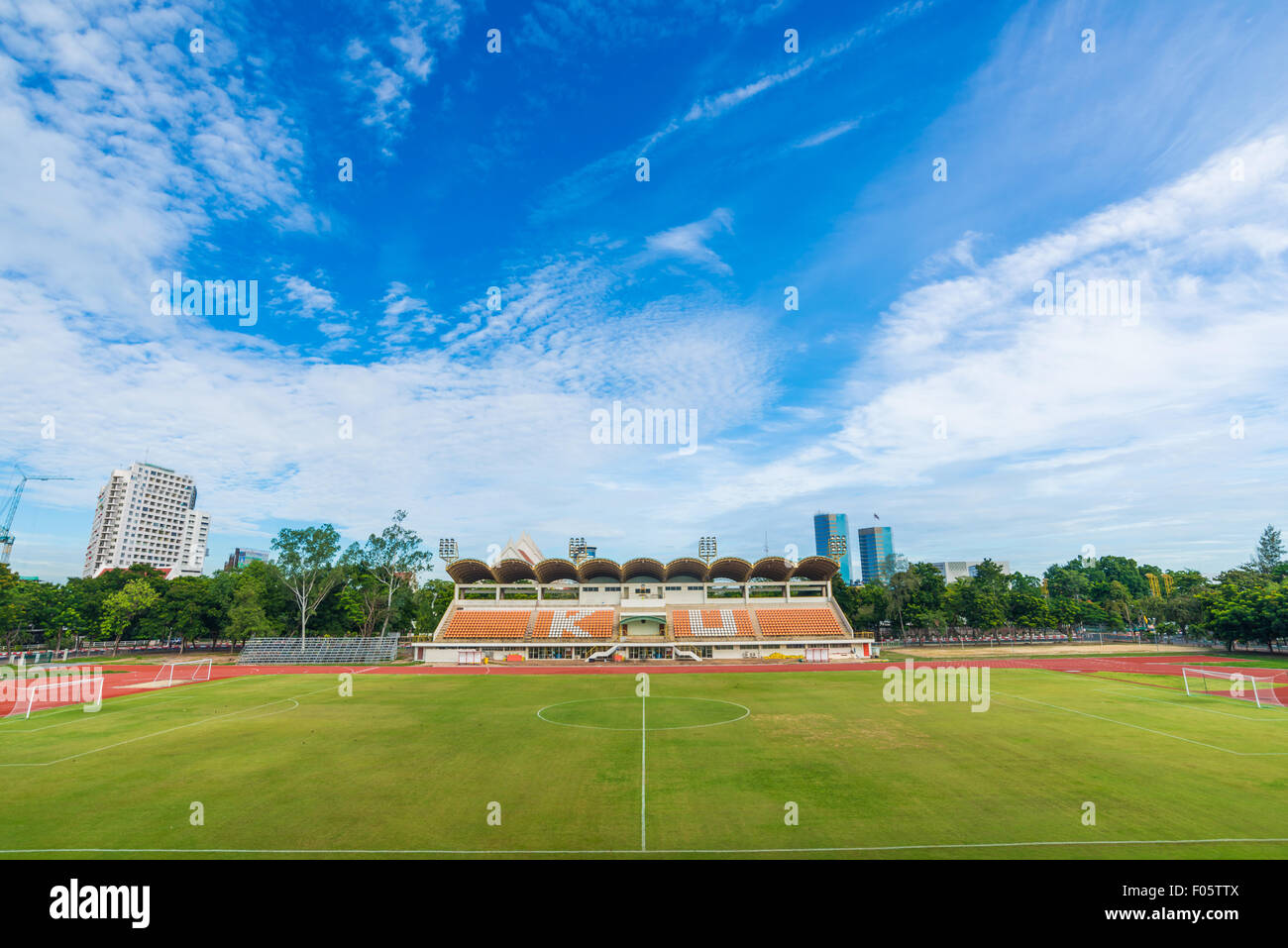 Football field with green grass at sunny day morning blue sky Stock ...
