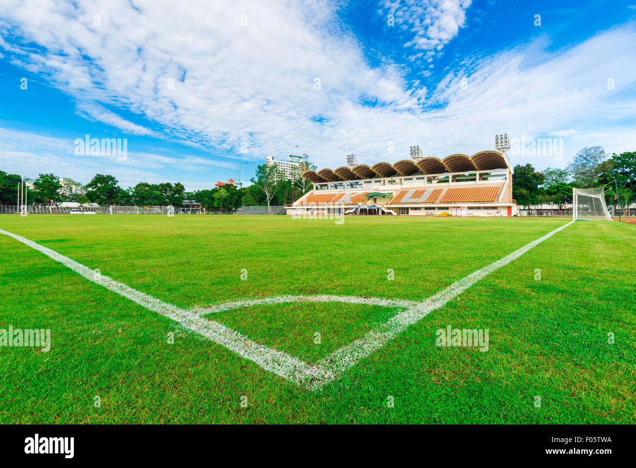 Football field with green grass at sunny day morning blue sky Stock ...