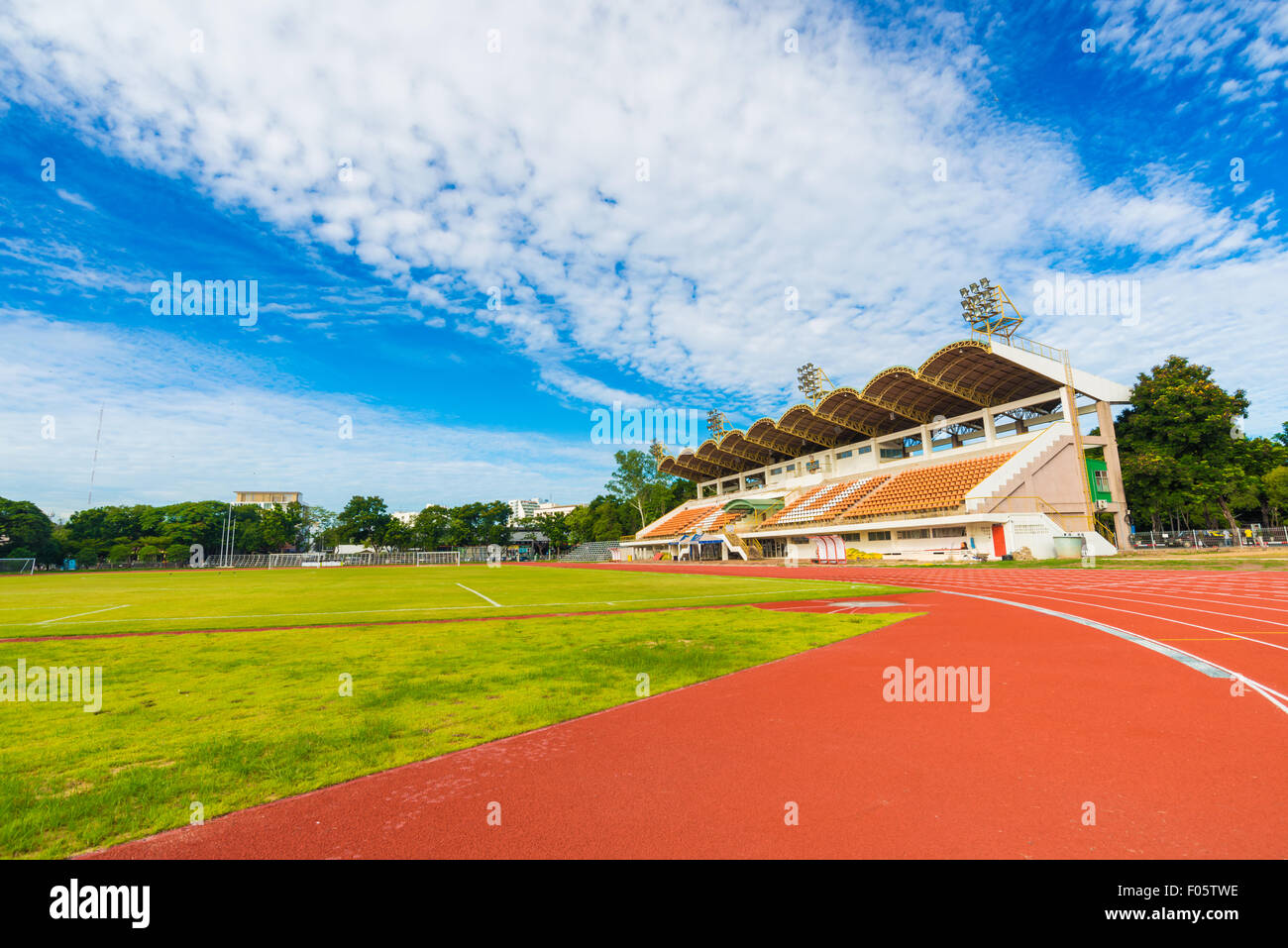 Football field with green grass at sunny day morning blue sky Stock ...