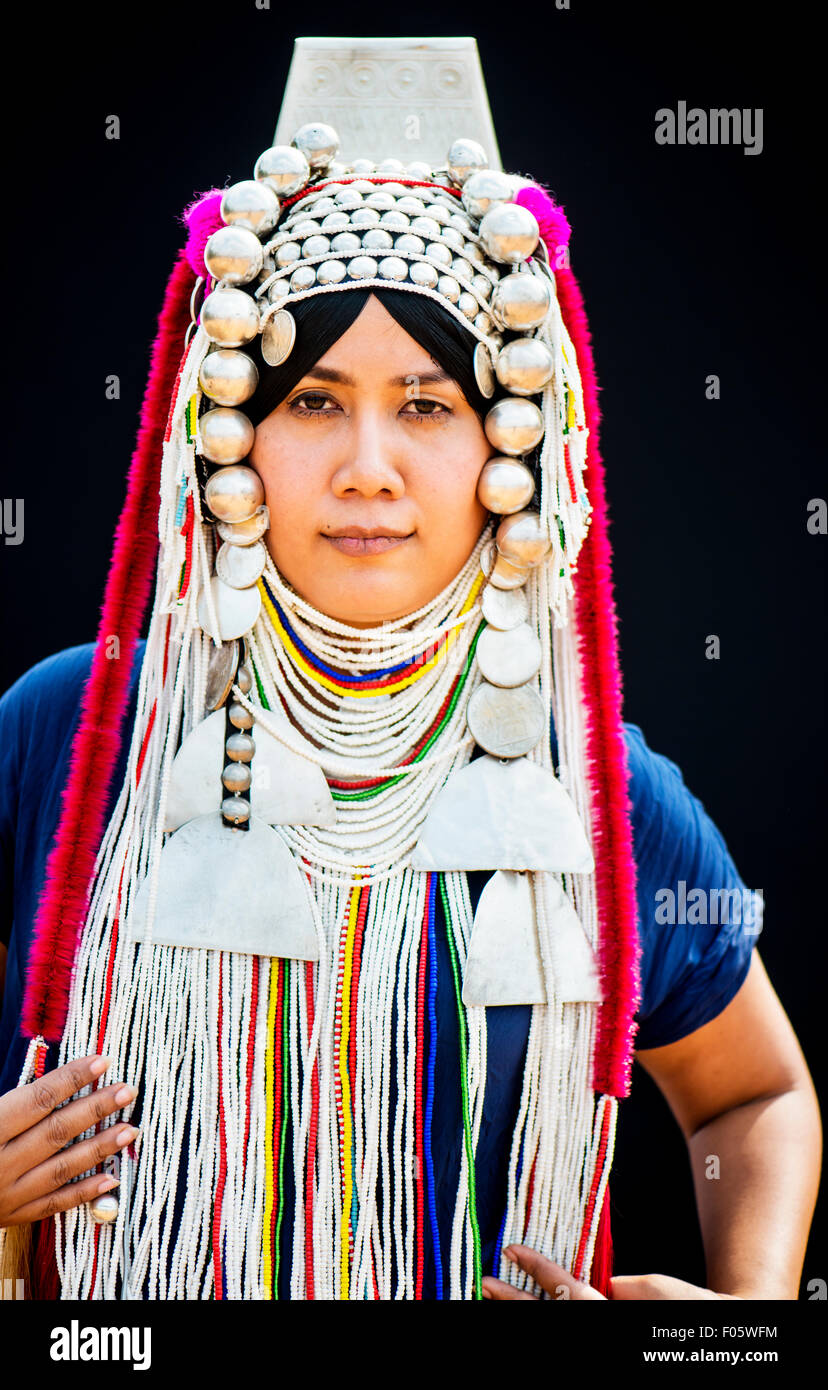 Woman dressed in traditional Akha hill tribe clothing in Mae Salong ...