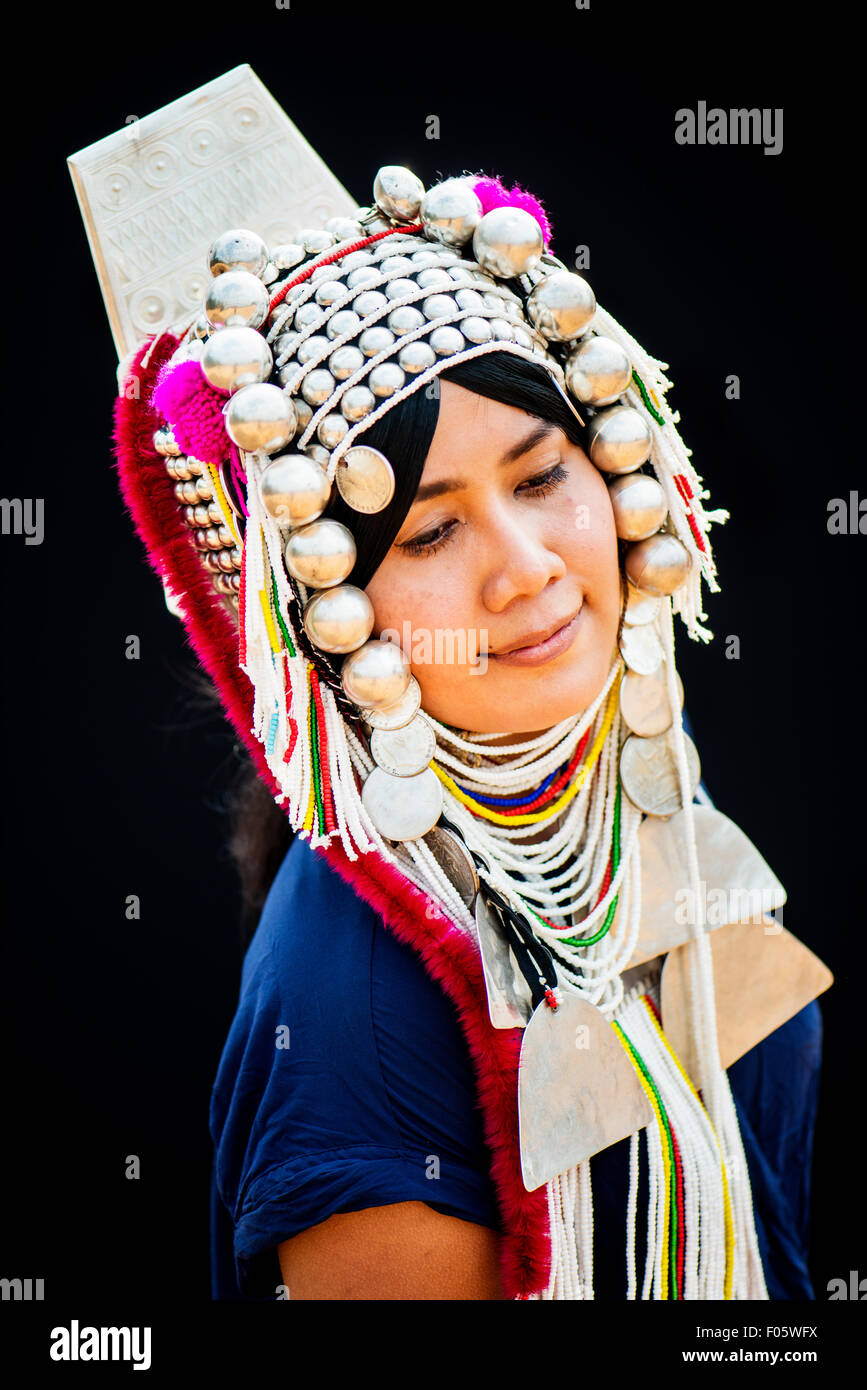 Woman dressed in traditional Akha hill tribe clothing in Mae Salong ...