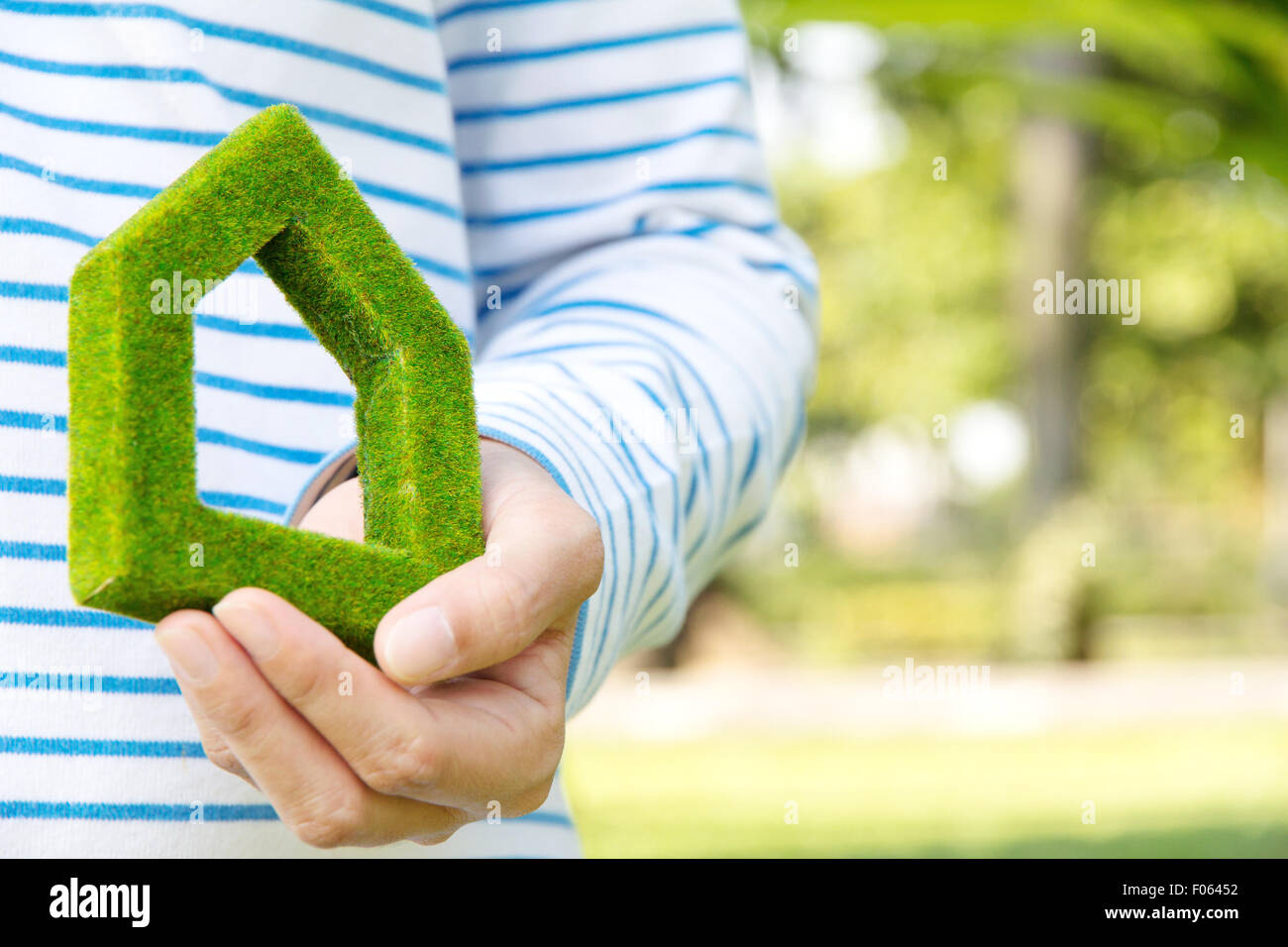 Hand holding green house icon Stock Photo - Alamy