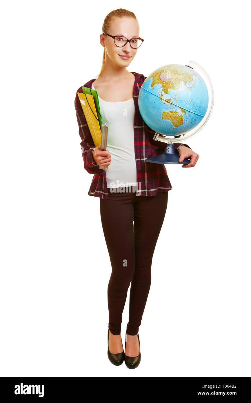 Young woman as geography teacher carrying a globe Stock Photo - Alamy