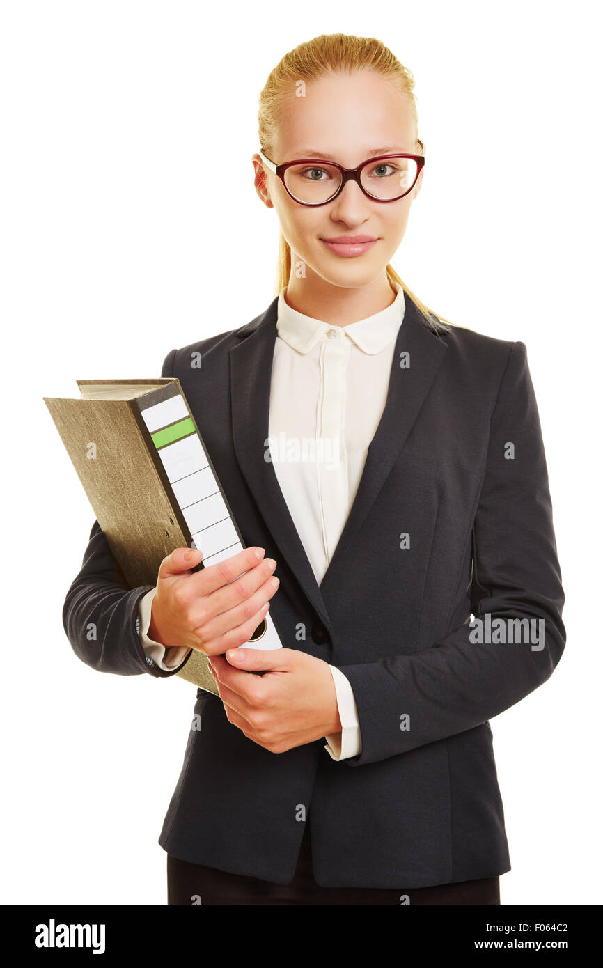 Young businesswoman with glasses carrying files in folder Stock Photo ...