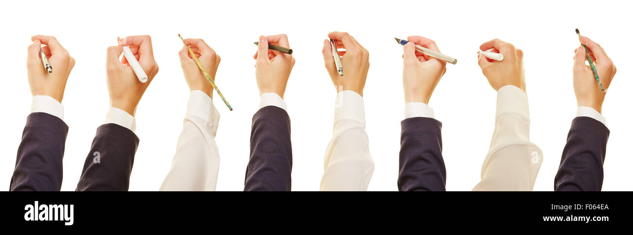 Many business hands with different pens and other tools Stock Photo - Alamy