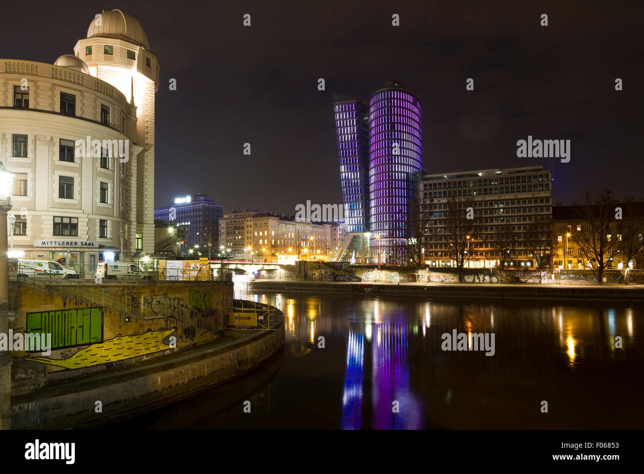 Night view of Vienna (Austria) with Urania building and observatory ...
