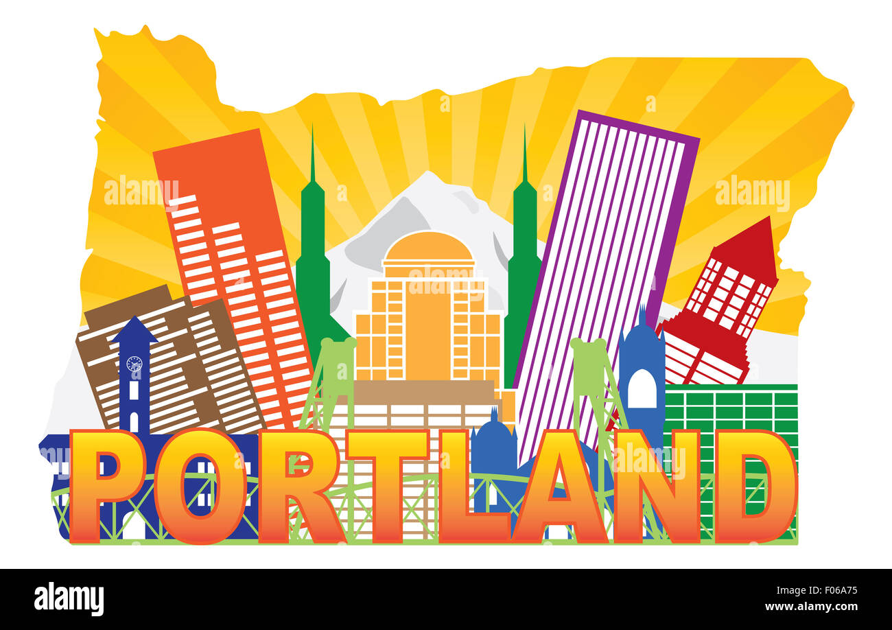 Portland Oregon City Skyline with Mount Hood Hawthorne Bridge in Map ...