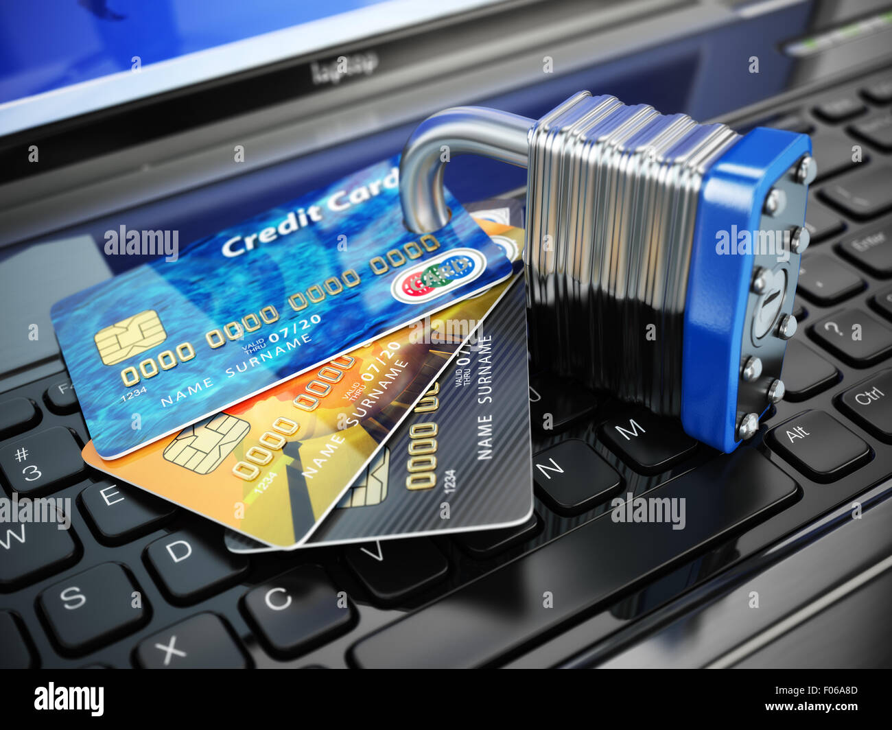 Internet security concept. Credit cards and lock on laptop keyboard. 3d ...