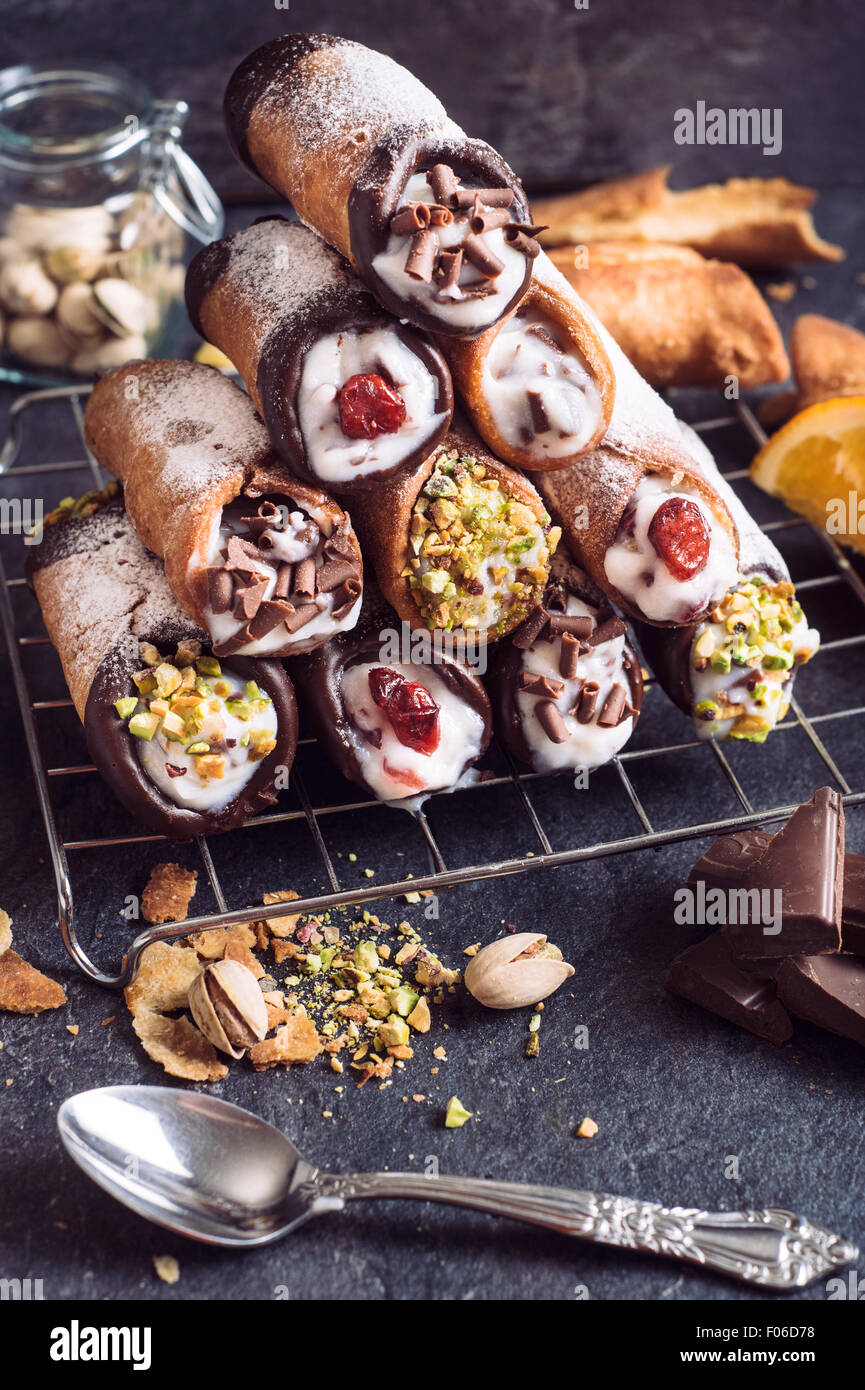 Sweet traditional Italian cannoli served,selective focus Stock Photo ...
