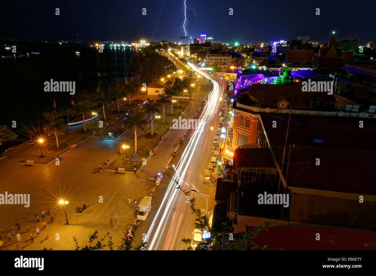 Lightning strike, Phnom Penh Cambodia, Sisowath quay, Riverside ...