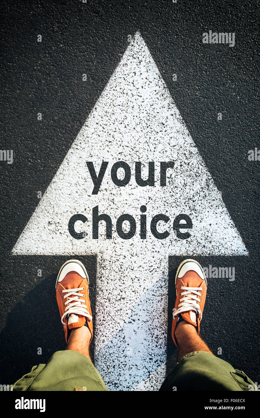 Red shoes standing on your choice sign Stock Photo - Alamy