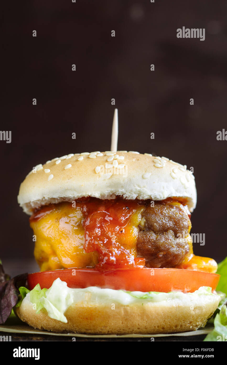 Mini beef burger with bbq sauce and cheddar cheese,selective focus and ...