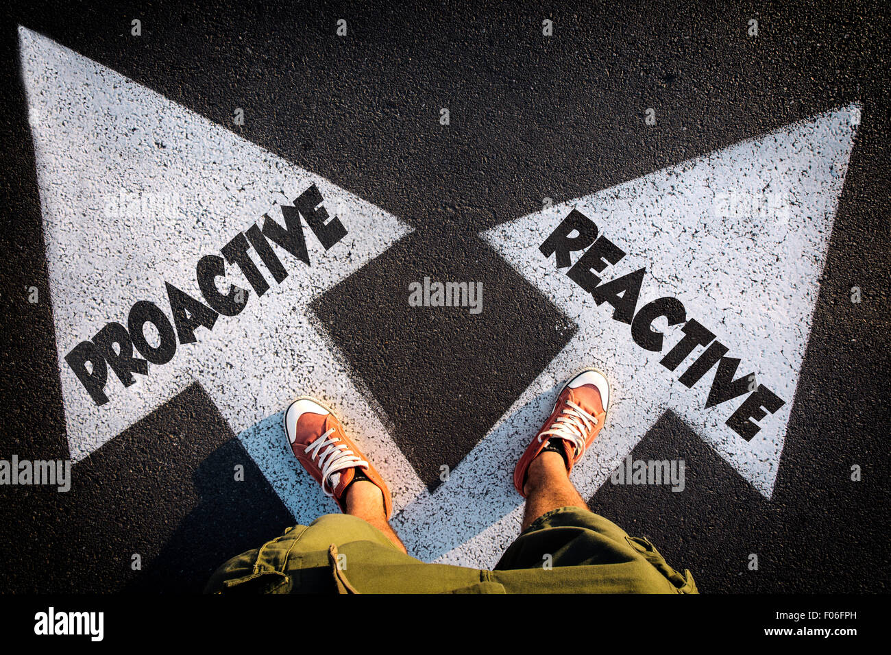 Proactive or Reactive dilemma concept with man legs from above standing ...