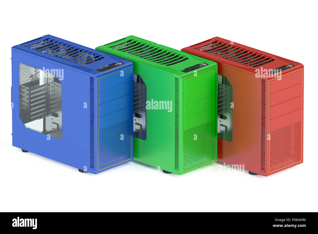 Colored tower pc cases isolated on white background Stock Photo - Alamy