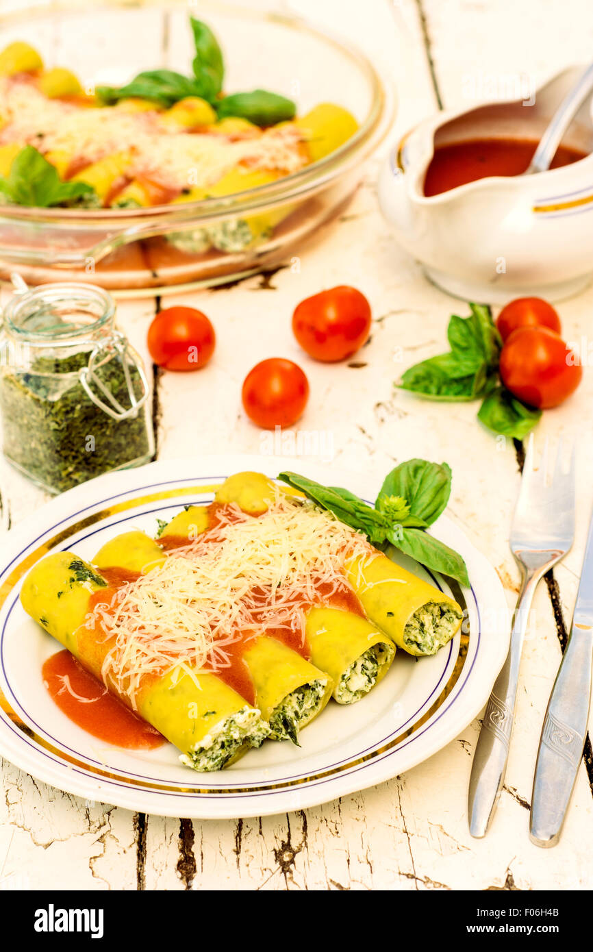 Stuffed cannoli pasta with cheese and spinach,selective focus Stock ...