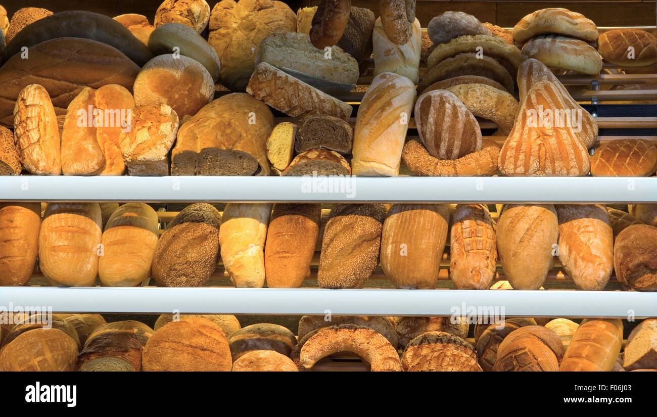 Set of different breads on the bakery shelf Stock Photo - Alamy