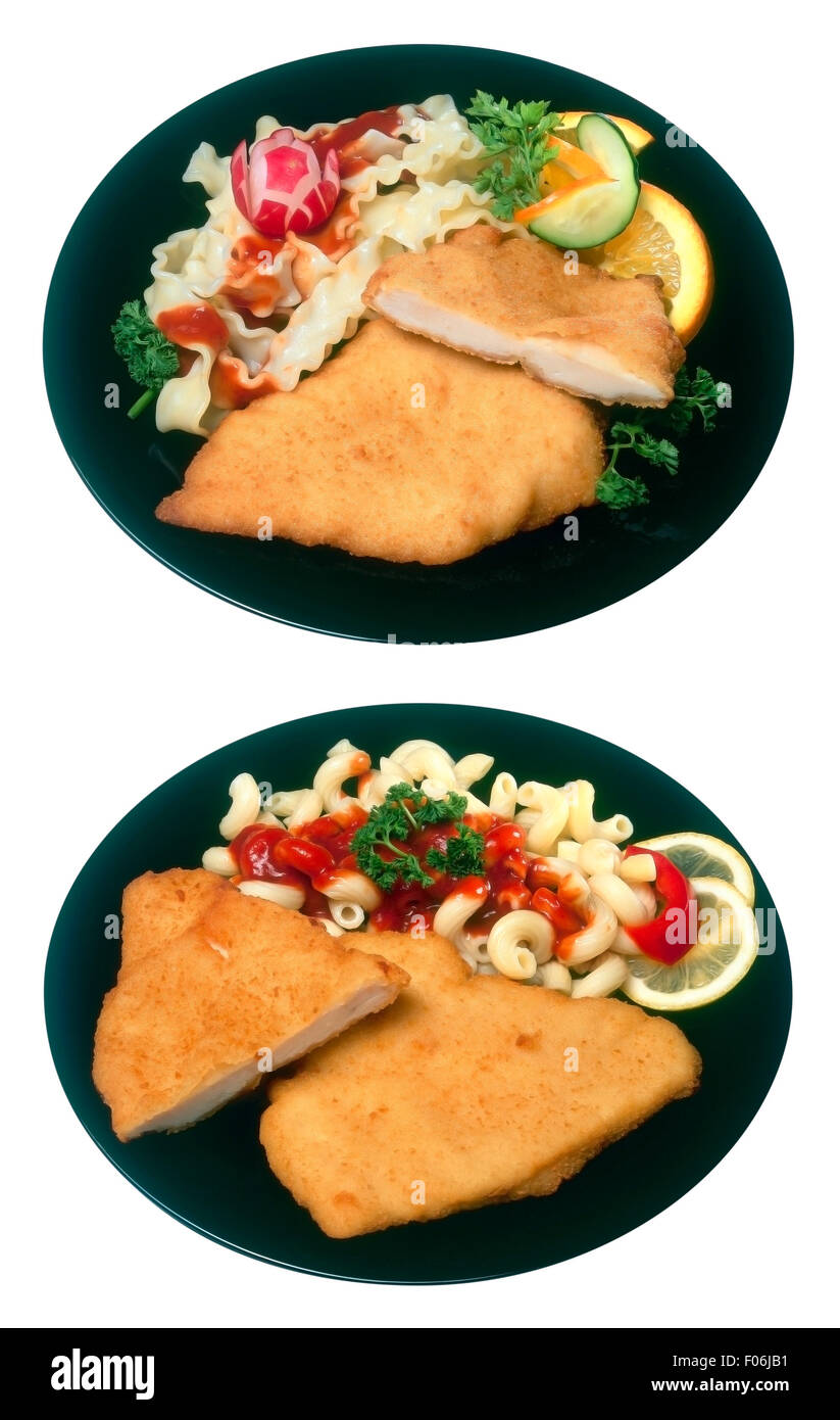 Fried chicken menu with pasta isolated on white background Stock Photo ...