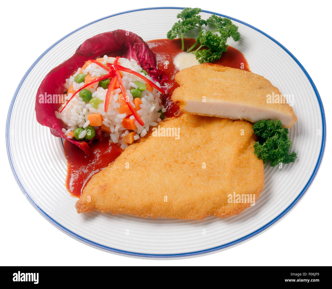 Chicken menu with rice isolated on white background Stock Photo - Alamy
