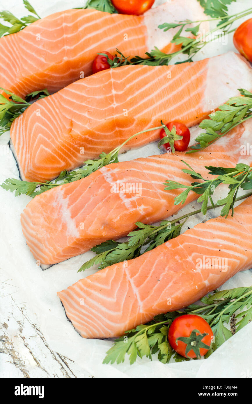 Raw salmon fish on the table from above,selective focus Stock Photo - Alamy