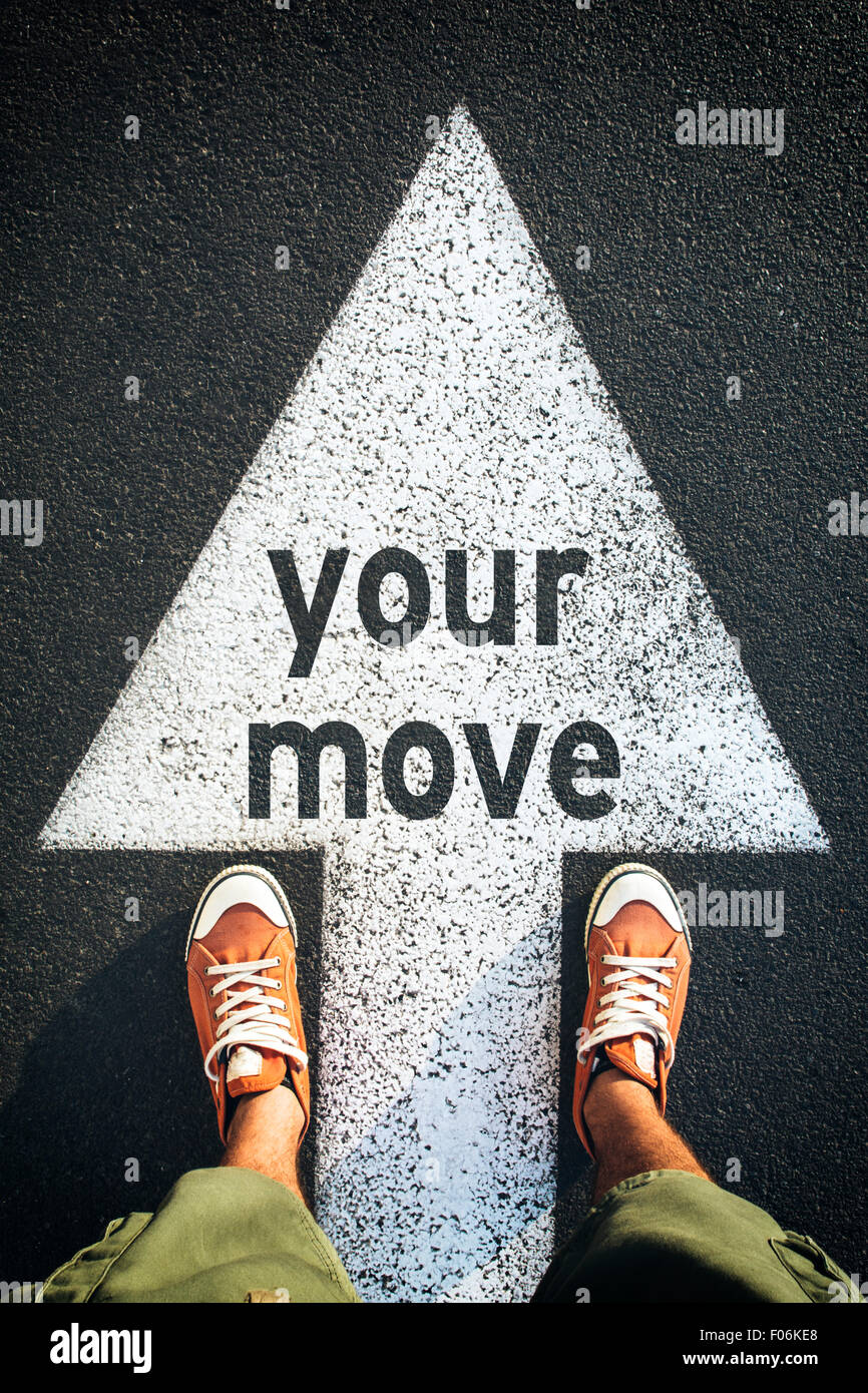 Red shoes standing on your way sign Stock Photo - Alamy