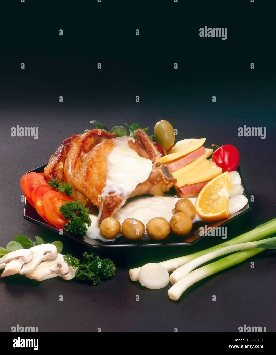 Rich beefsteak menu with miscellaneous vegetables Stock Photo - Alamy
