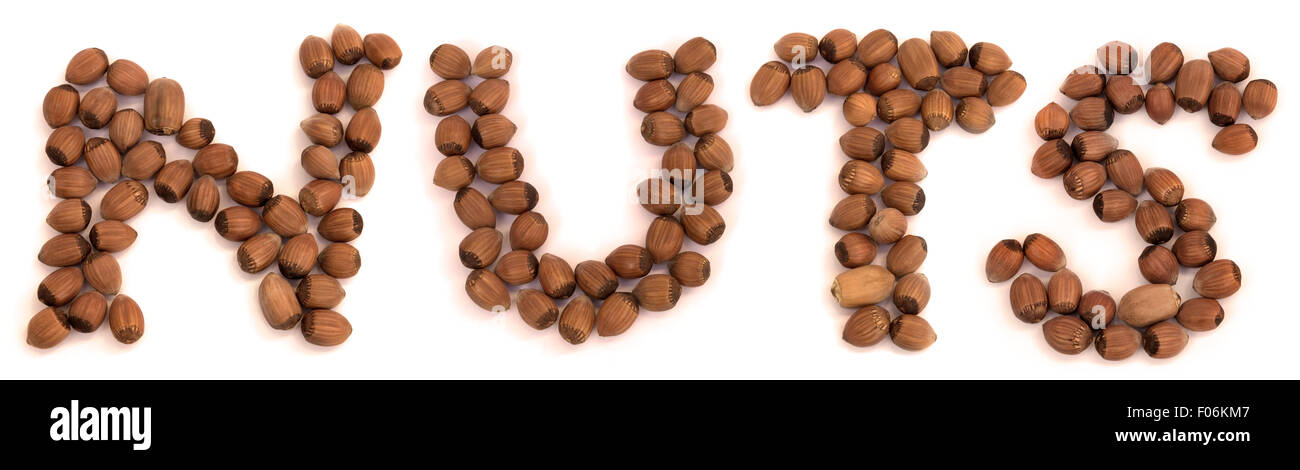 NUTS sign with Hazelnuts isolated on white background Stock Photo - Alamy