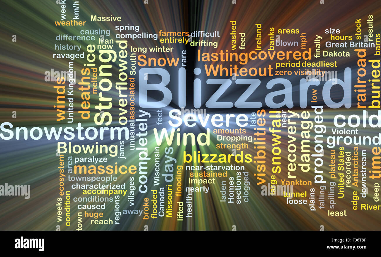 Background concept wordcloud illustration of blizzard glowing light ...