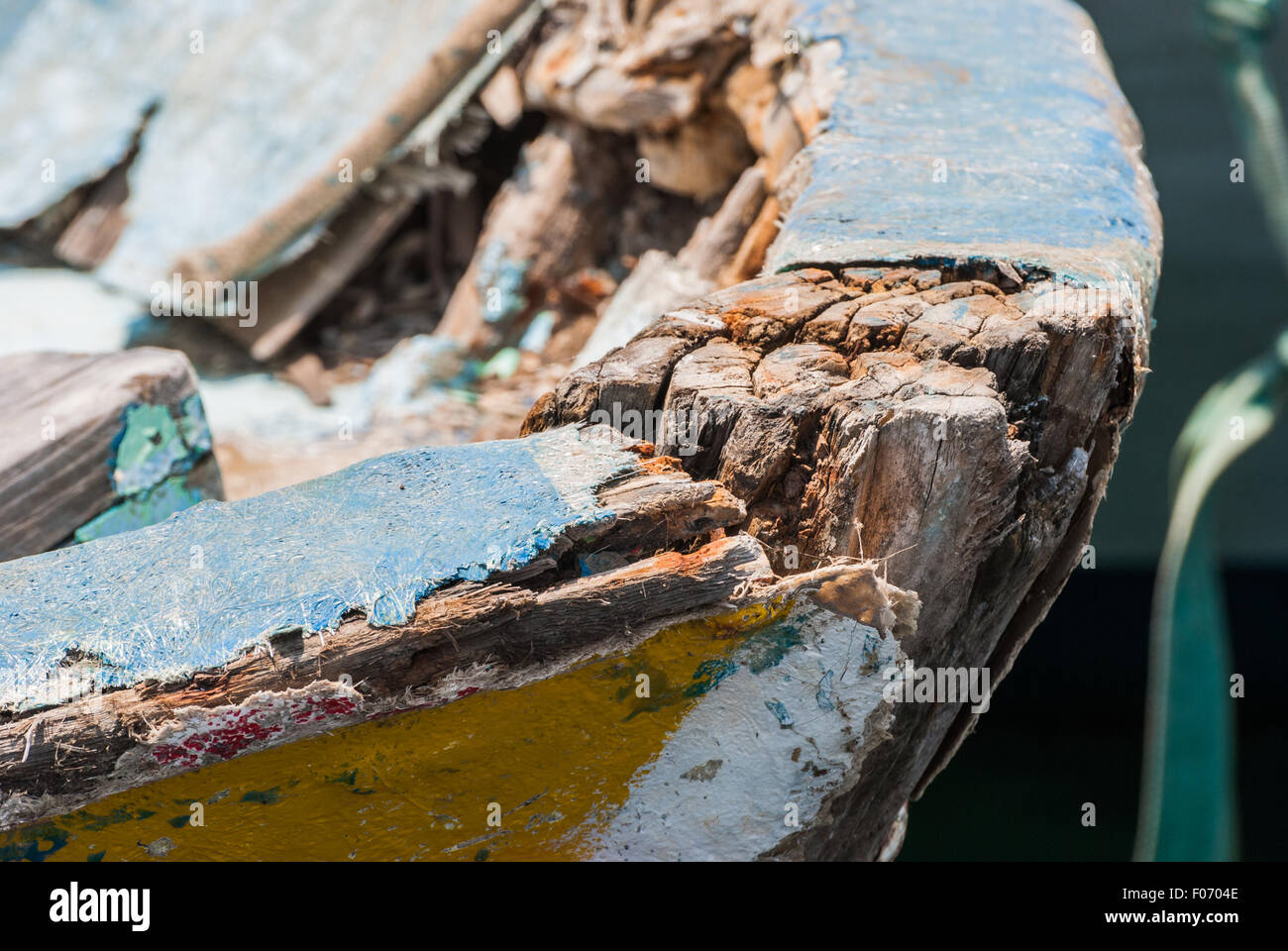 Bow of old wooden fishing boat of traditional construction closeup ...