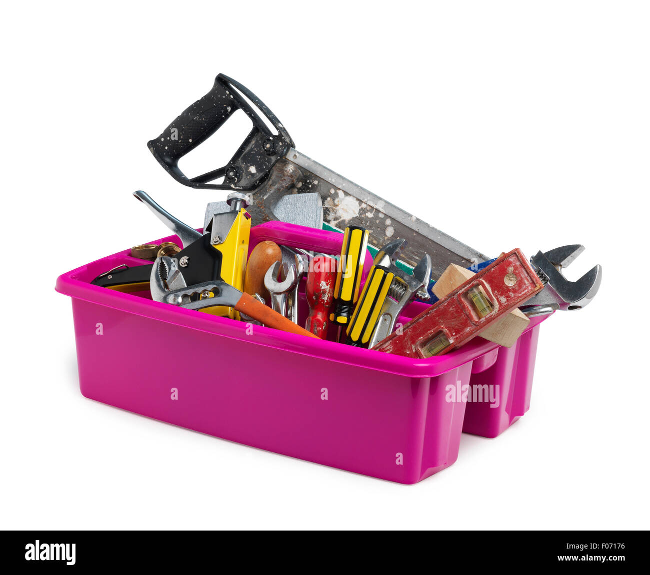 Caddy filled with used work tools isolated on a white background Stock ...