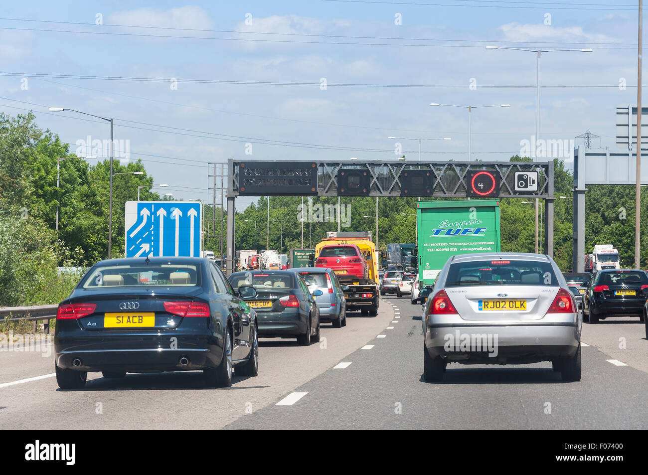 Traffic jam and speed restrictions on M25 Motorway, Surrey, England ...
