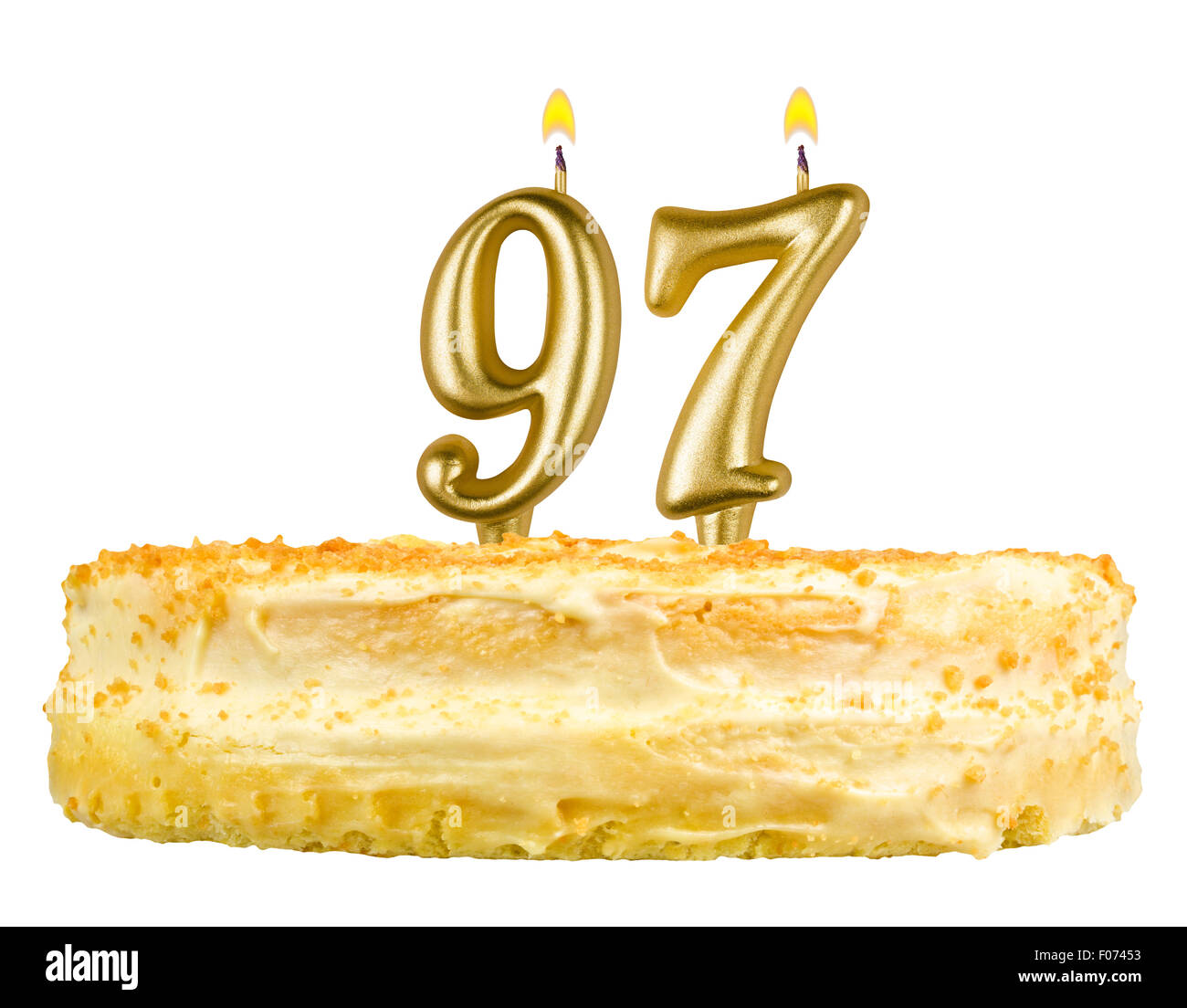birthday cake with candles number ninety seven isolated on white ...