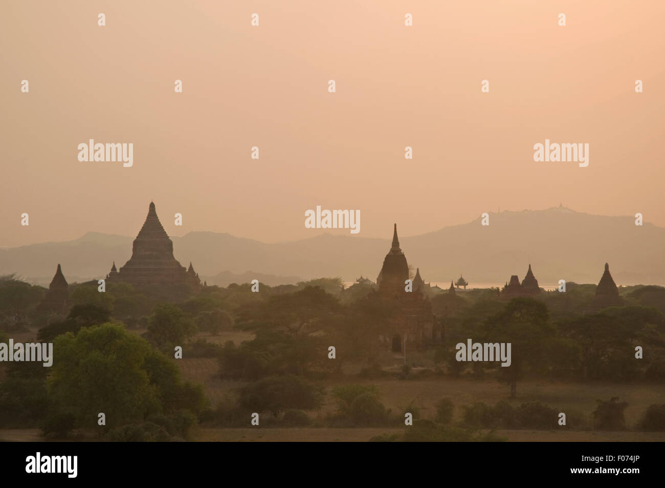 ASIA, MYANMAR (BURMA), Old Bagan, panorama of Temples at sunset, taken from Shwesandaw Paya ...