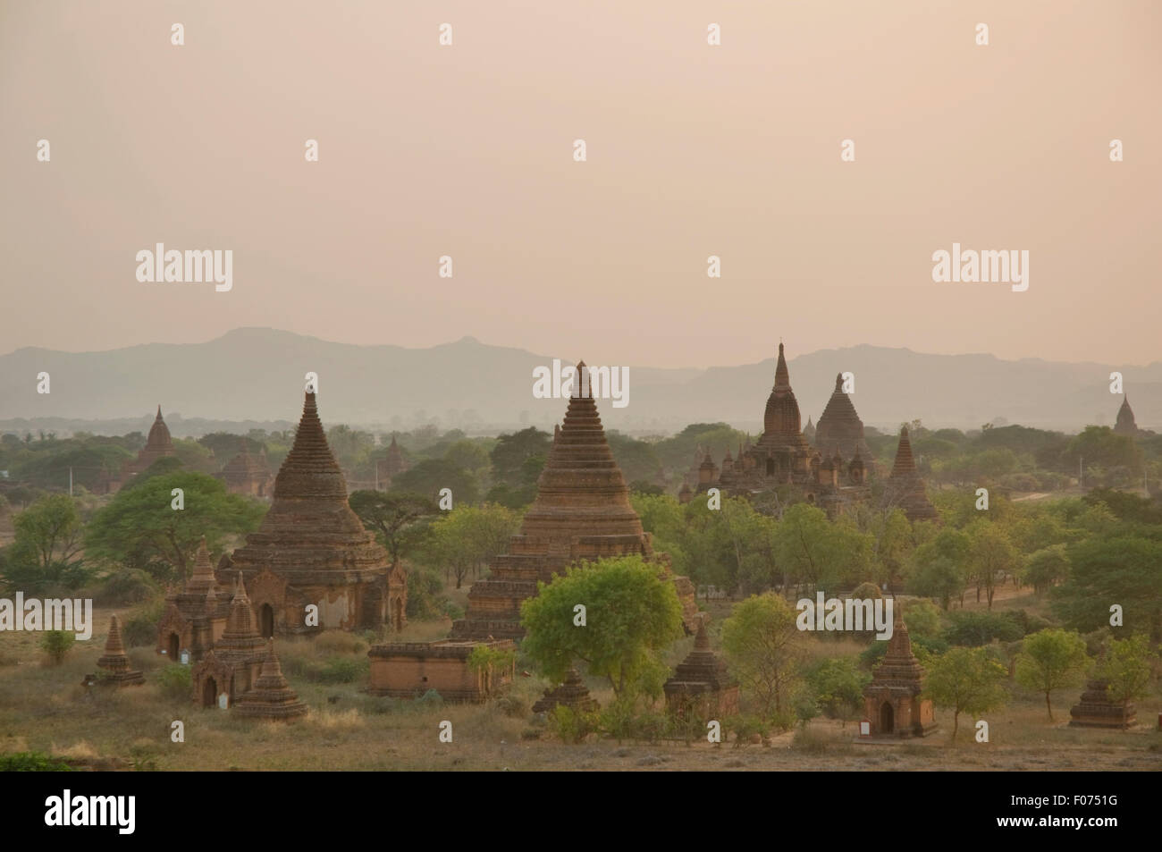 ASIA, MYANMAR (BURMA), Old Bagan, panorama of Temples at sunset, taken from Shwesandaw Paya ...
