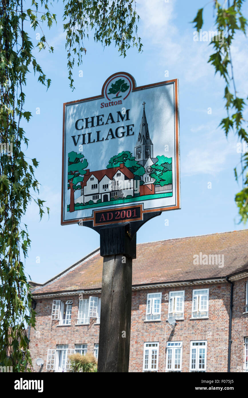Village sign, High Street, Cheam Village, London Borough of Sutton ...
