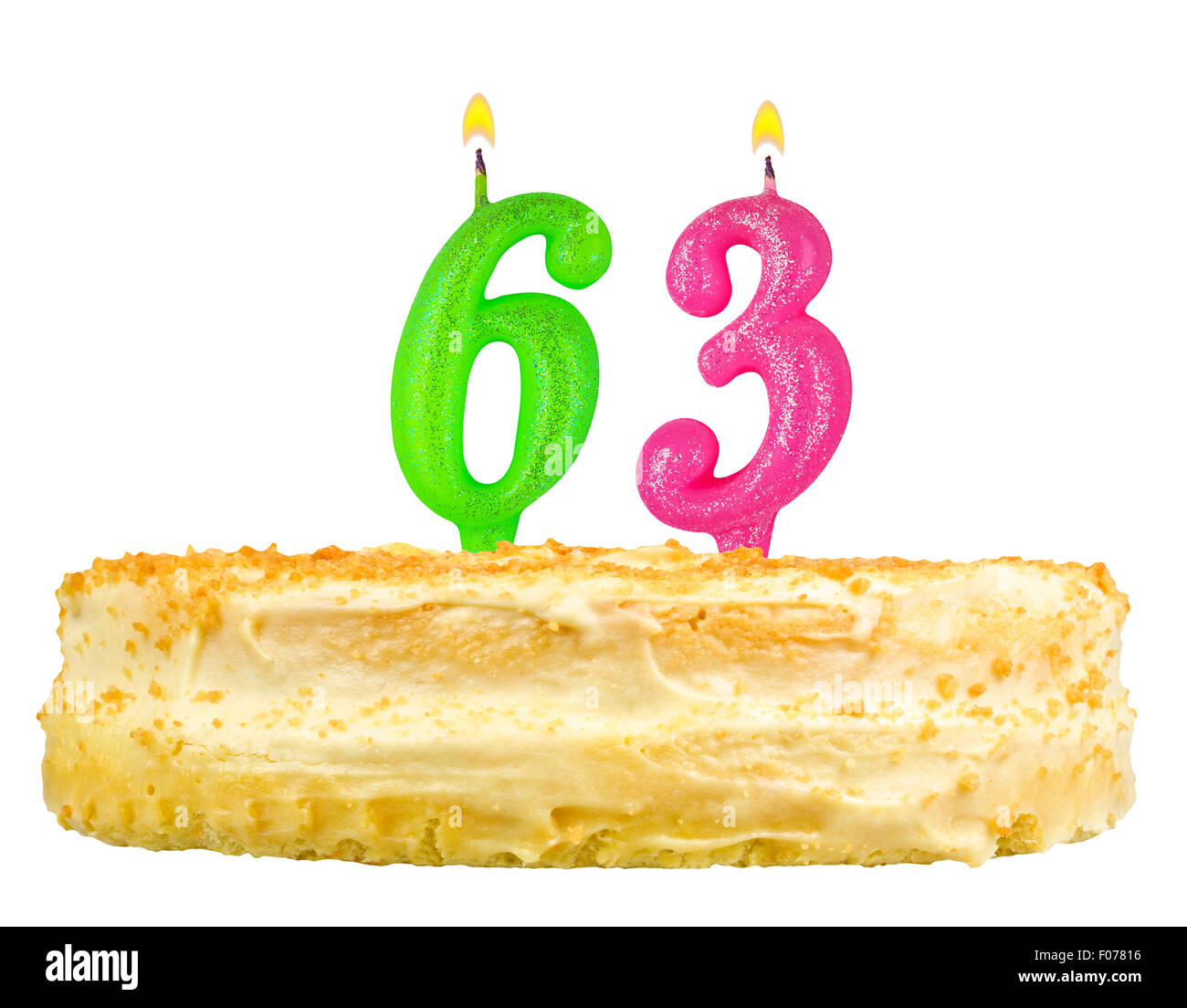 birthday cake with candles number sixty three isolated on white ...