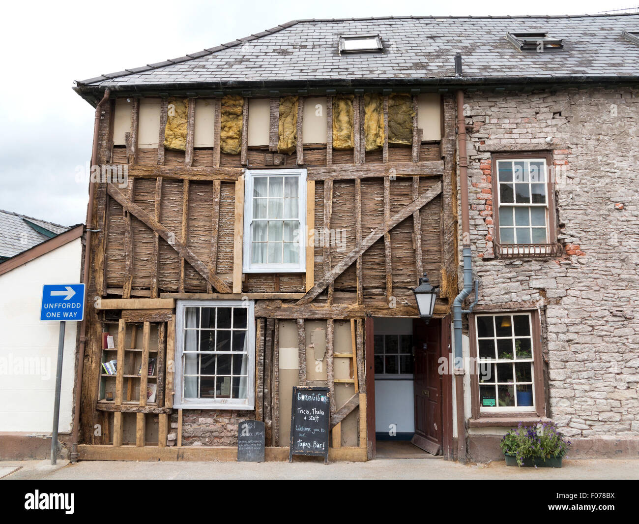 Cafe building in Hay-on-Wye Powys Wales with front facade exposed ...