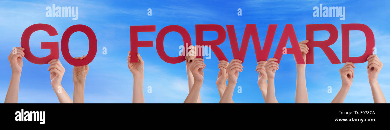 People Hands Holding Red Straight Word Go Forward Blue Sky Stock Photo ...
