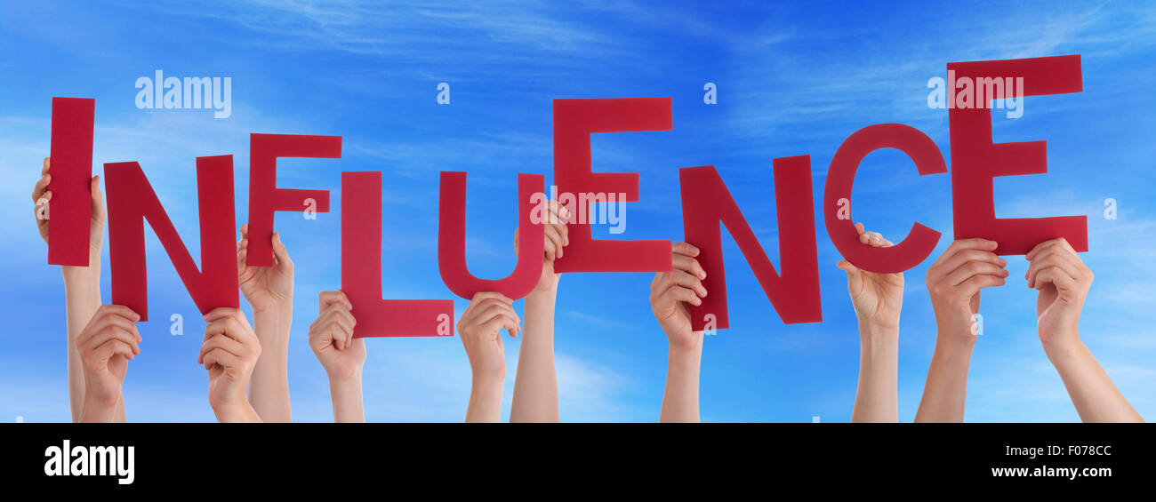 Many People Hands Holding Red Word Influence Blue Sky Stock Photo - Alamy