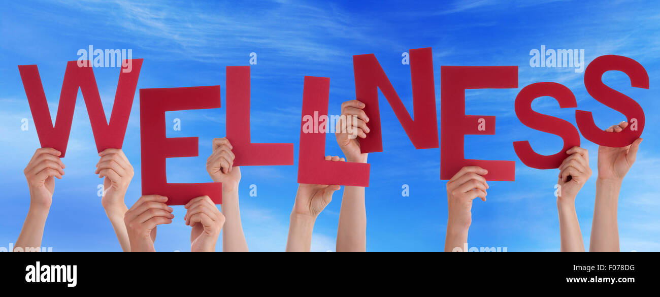 Many People Hands Holding Red Word Wellness Blue Sky Stock Photo - Alamy