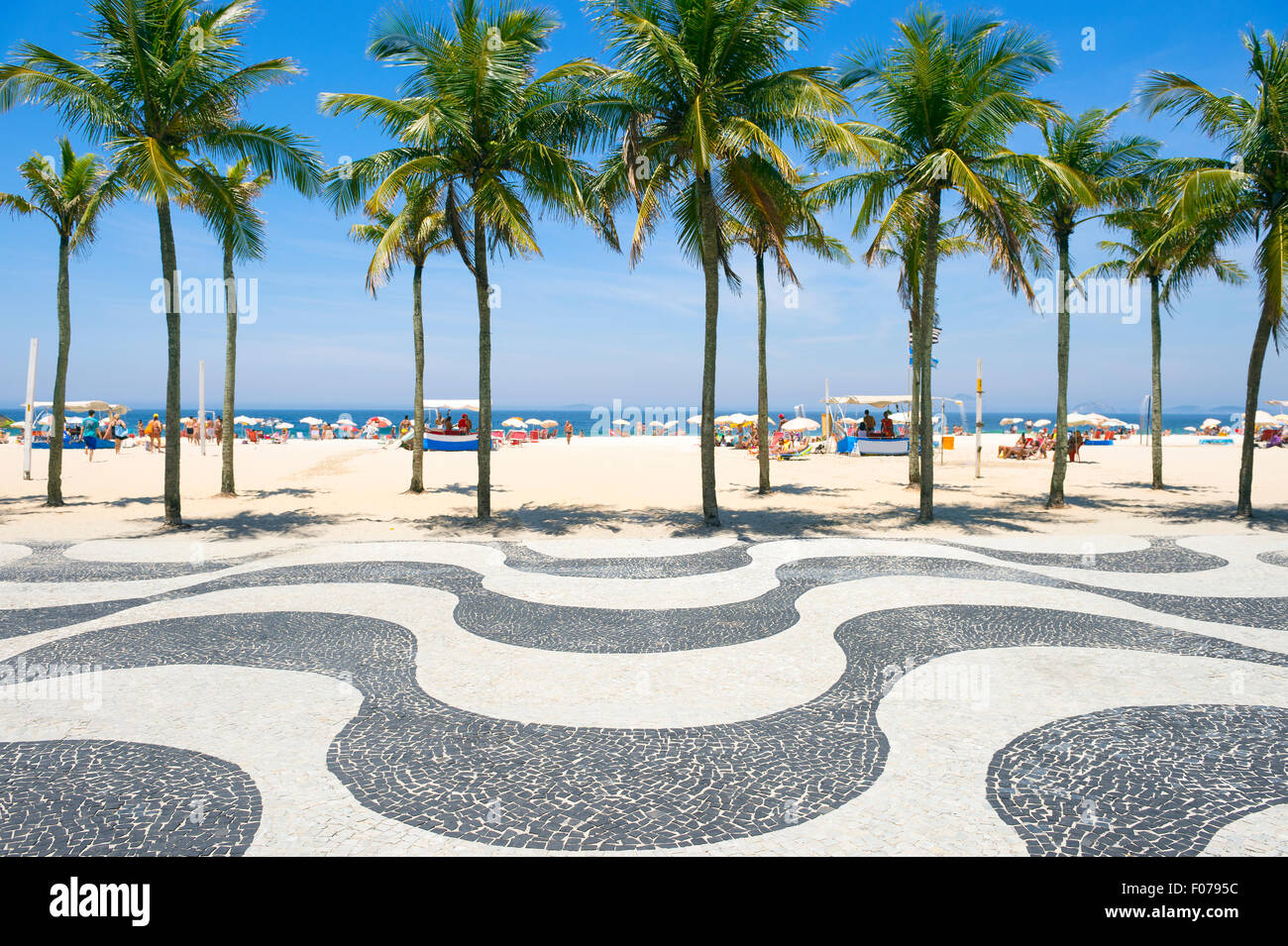 Iconic curving sidewalk tile pattern with palm trees at Copacabana ...