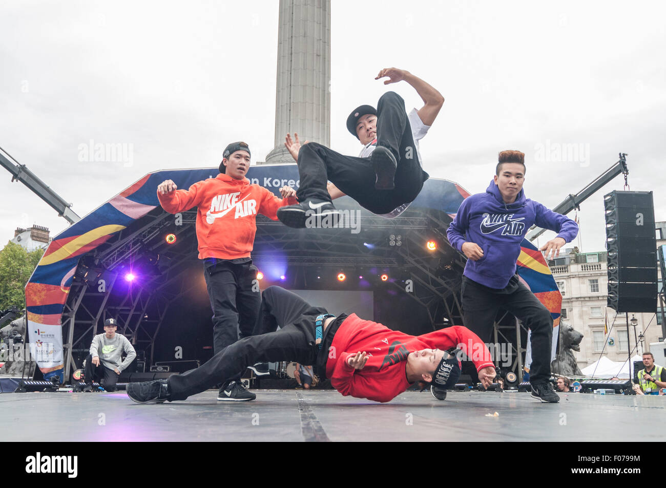 London, UK. 9 August 2015. Jinjo Crew, a Korean B-Boy group, perform on ...