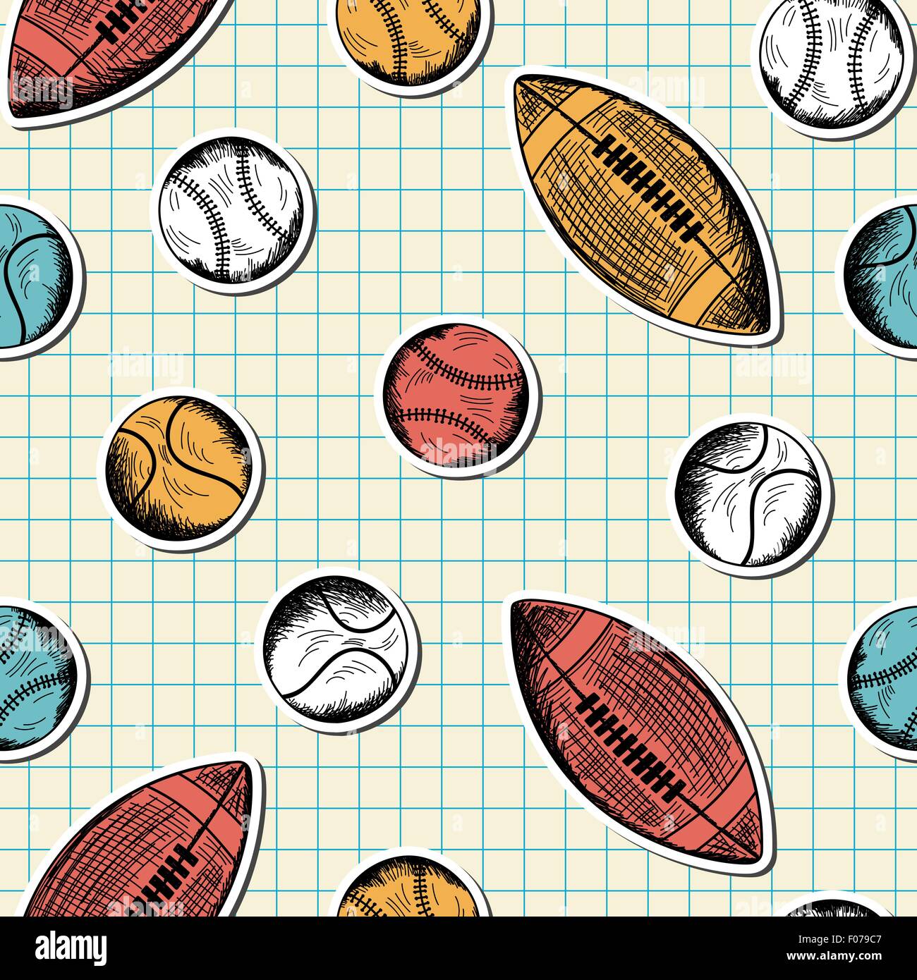 Seamless pattern with hand drawn different sport balls on checkered ...