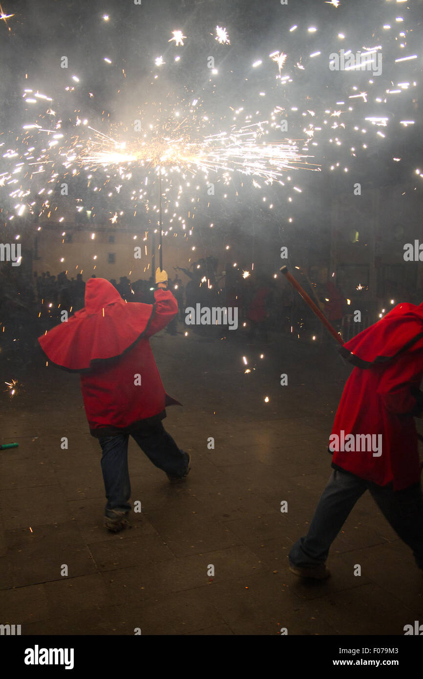 Fire devils in the Fire-Run (Correfoc) traditional celebration in the ...